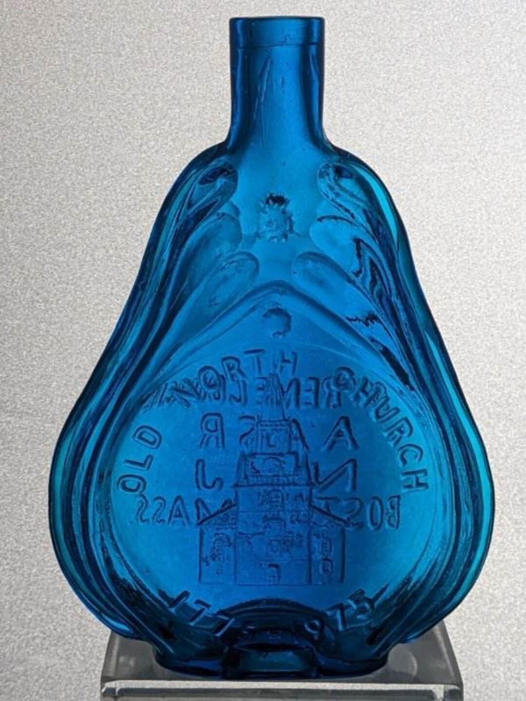1970S Clevenger Bros Blue the North Church Scroll Flask Hand Made/ Mold ...