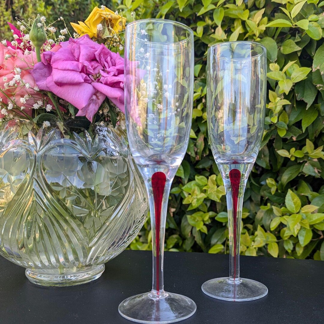 VTG Pier 1 Imports Red Stripe Filiment Stem Champagne Flute Glasses Set ...