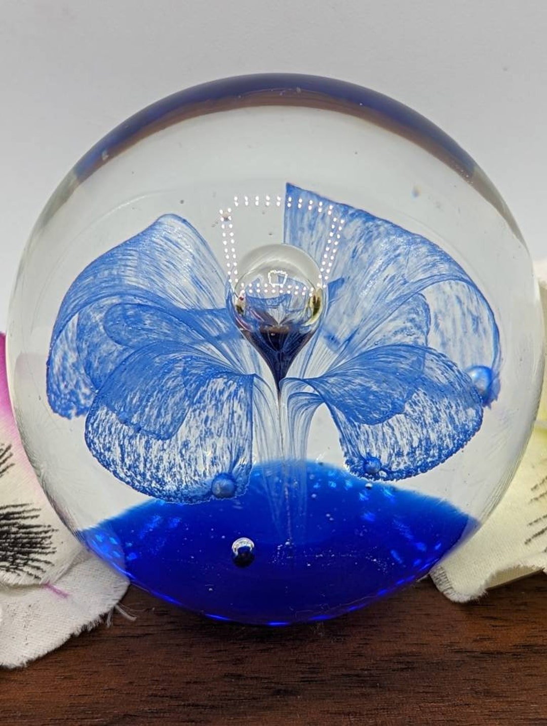 Flower Indigo Blue Bubble Orb Paperweight cobalt Blue Base clear-art ...
