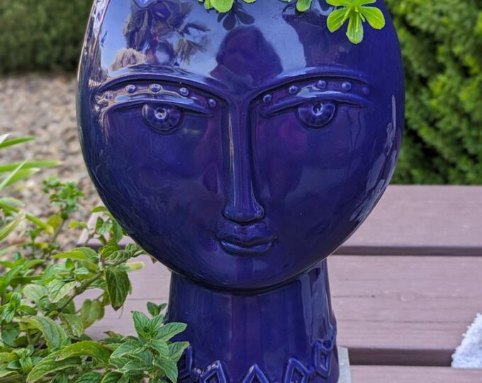 Vintage Cobalt Blue Ceramic Post Modern Anthropomorphic Face Vase/head ...
