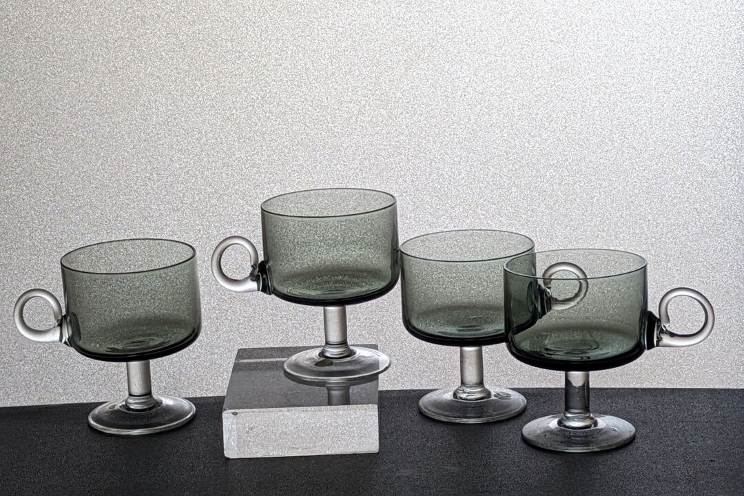 Vintage Smoked Art Glass Coupe Cups: MCM Handled Barware, Set of 4 - Etsy