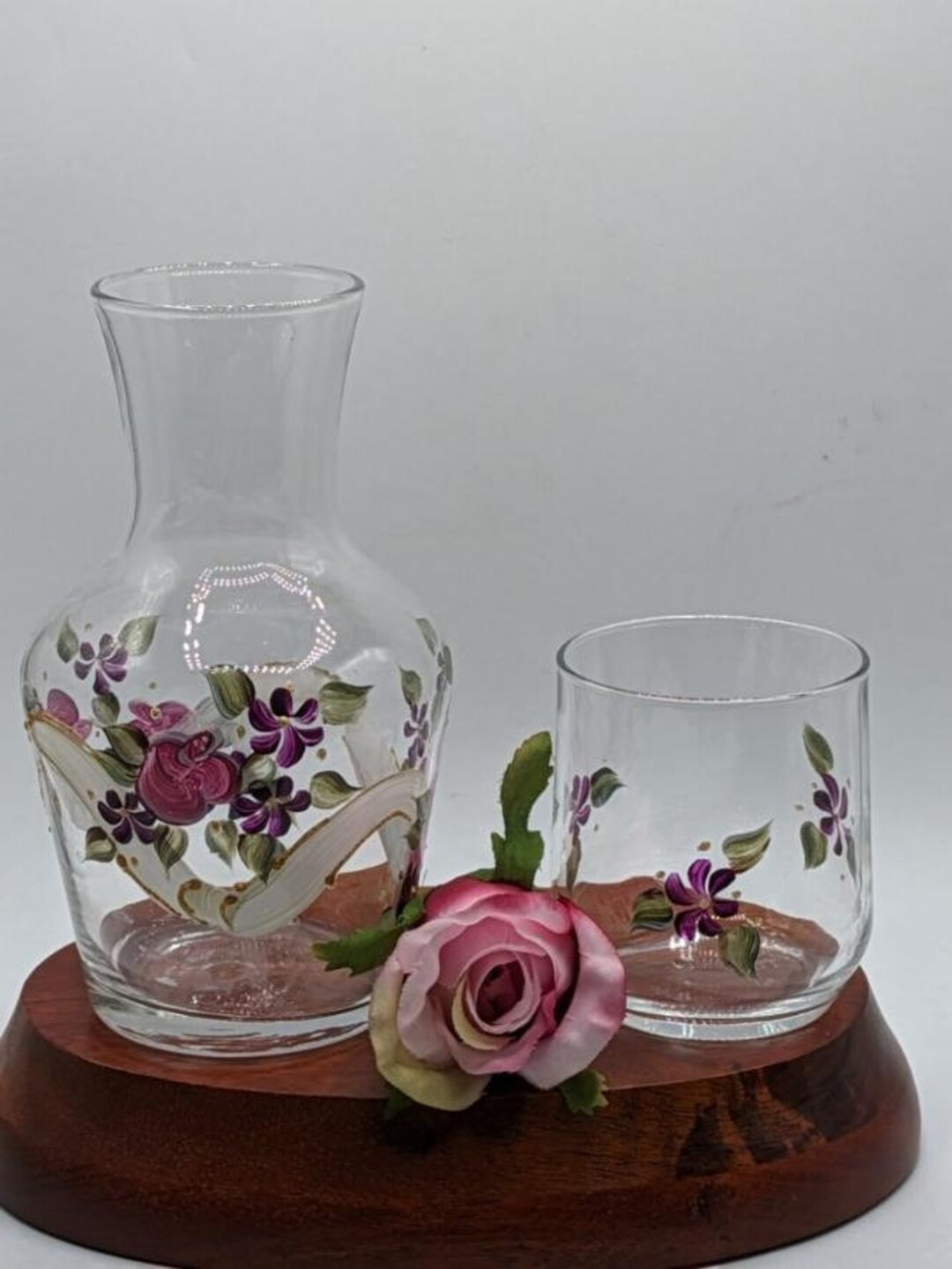 Vintage 2000S Glass Carafe Bed Side Pitcher & Cup Set- Hand Painted ...