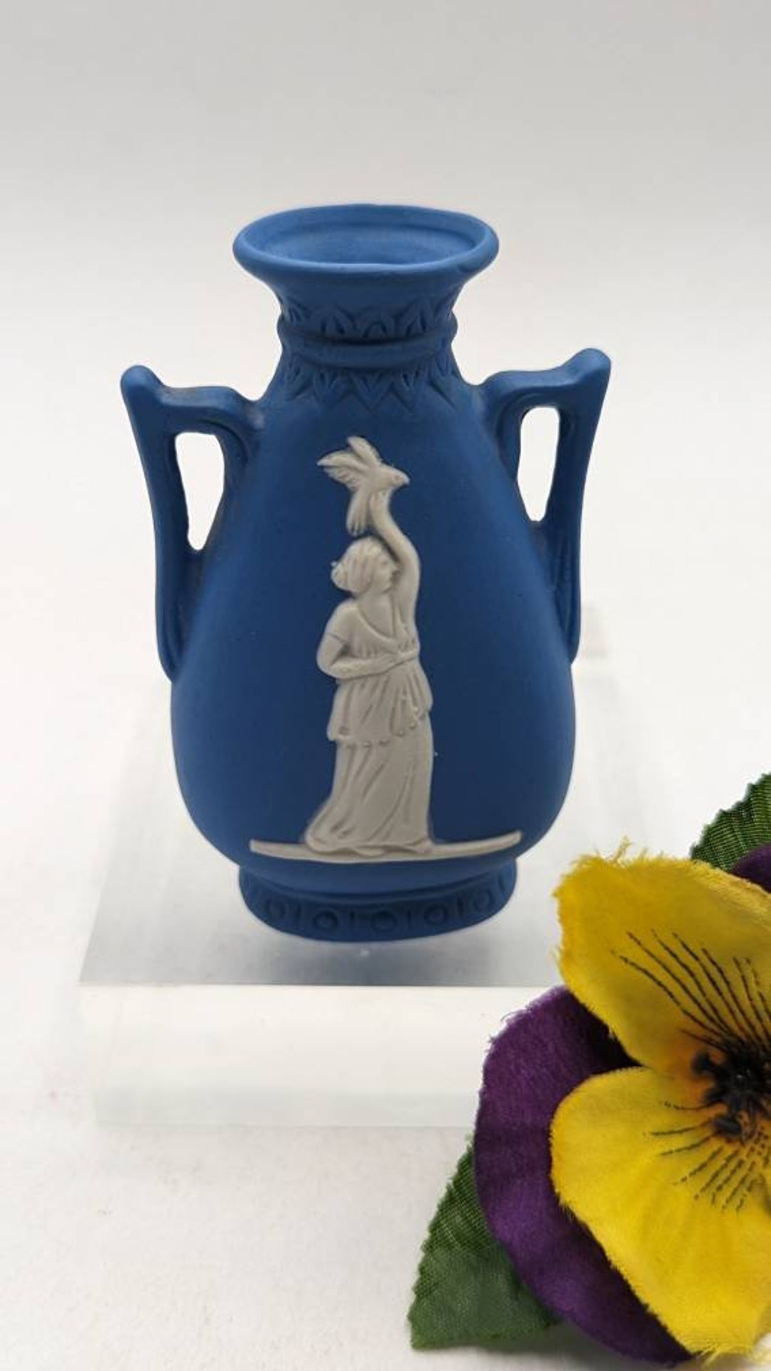 Wedgwood Style Amphora Mini Urn Cream Raised Relief on Blue Porcelain ...