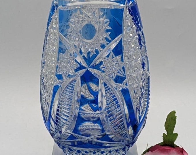 Vintage Cobalt Blue Cut to Clear Crystal Vase W/hobstar, Faceting, Dots, and Vesica Design, Cut ...