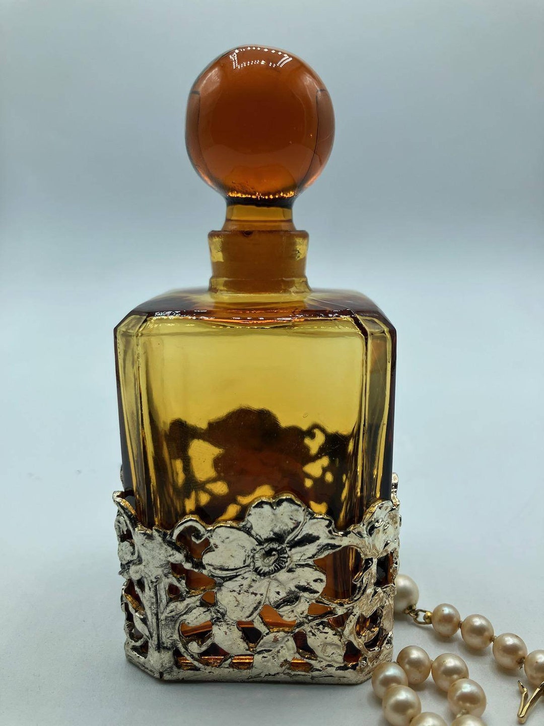 1960 Czech Art Nouveau Revival Glass Amber & Pewter Plated Silver Stone ...