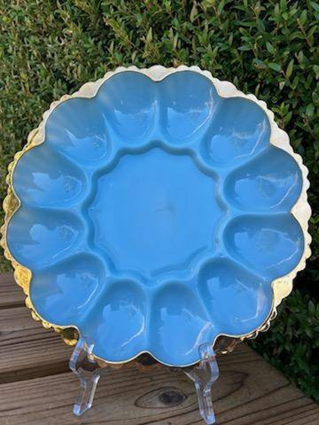 1950 Anchor Hocking/fire King Deviled Egg Server Turquoise Blue W/22K ...