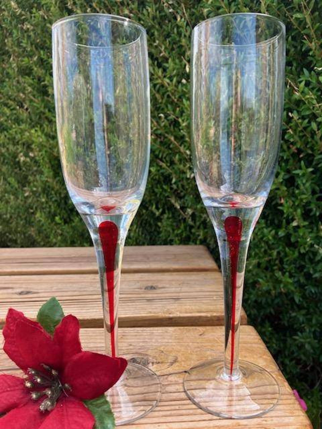 VTG Pier 1 Imports Red Stripe Filiment Stem Champagne Flute Glasses Set ...