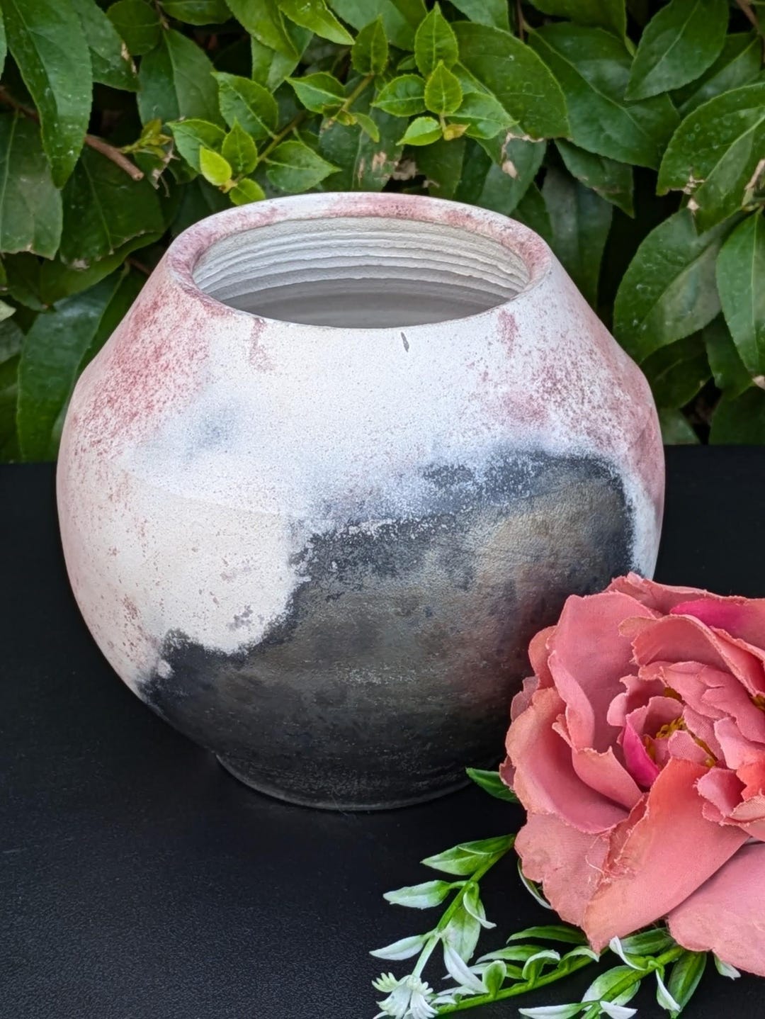 Vintage Signed Russell Pottery Raku White, Pink & Charcoal Vase - Etsy