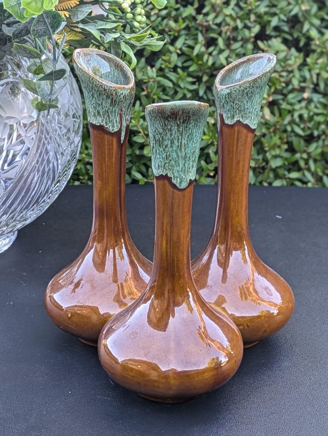 Vintage Van Briggle Triple Bud Vase Drip Glazed Teal(green) & Brown ...
