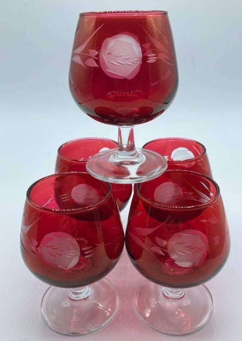 VTG Etched Rose/flower Ruby Cranberry Flash Mini Brandy - Etsy