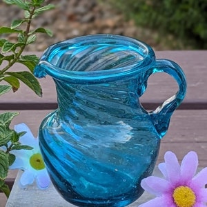 Vintage Swirl Art Glass Mini Pitcher: Azure Blue, 3" Hand Blown - Etsy