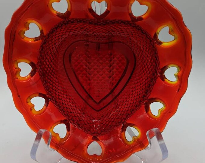 Amberina Heart Dish W/heart Cutouts/scalloped Edge/diamond Point Base ...