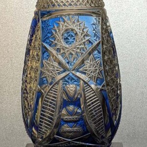 Vintage Cobalt Blue Cut to Clear Crystal Vase W/hobstar, Faceting, Dots, and Vesica Design, Cut ...