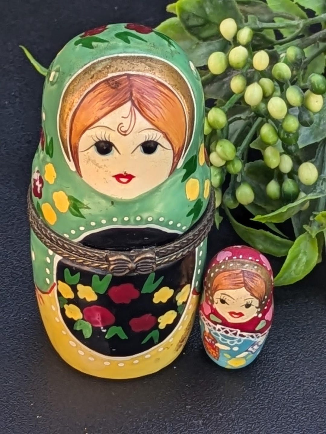 Rare Vintage Miniature Nesting Doll Babushka Hand Painted Ceramic Hinge ...