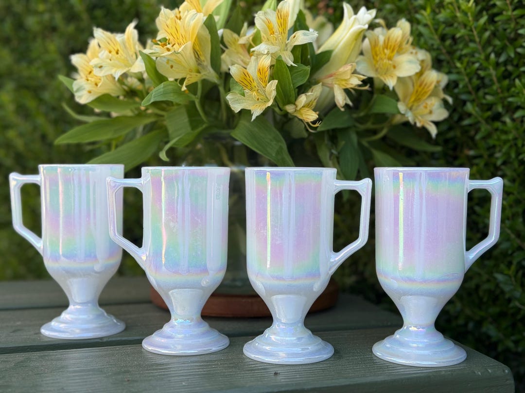 Vintage Moonglow Iridescent Milk Glass Footed Mugs - Set of 4 - Etsy