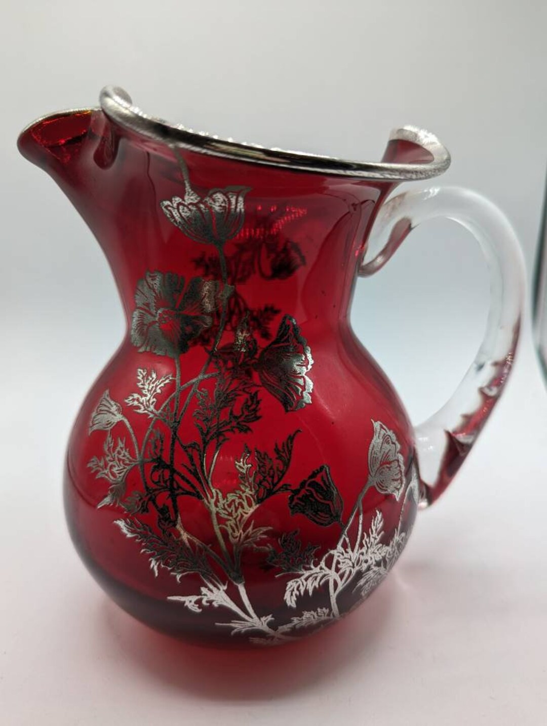 VTG Silvercity Ruby Red W/silver Overlay Flanders Blown Glass Pitcher W ...