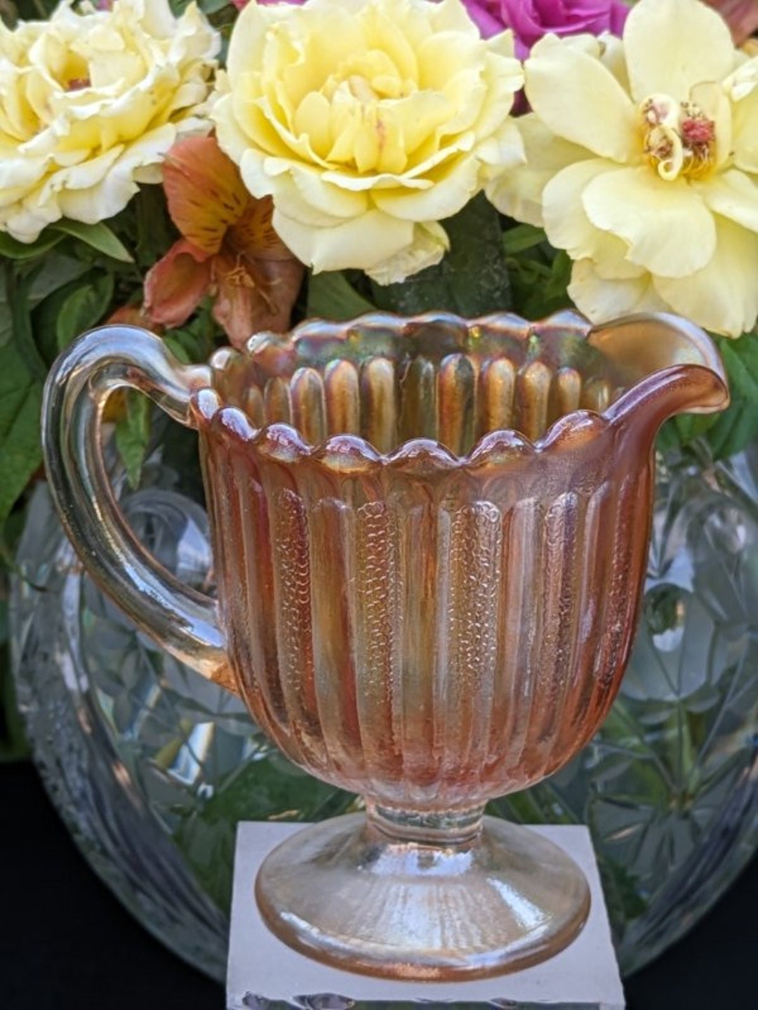 1908-28 Fenton Stippled Rays Marigold Carnival Glass Footed Creamer Read Description - Etsy