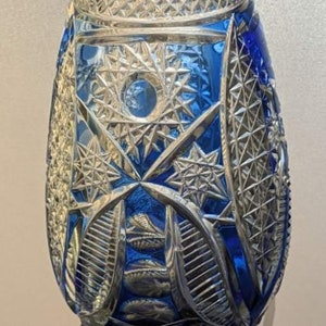 Vintage Cobalt Blue Cut to Clear Crystal Vase W/hobstar, Faceting, Dots, and Vesica Design, Cut ...