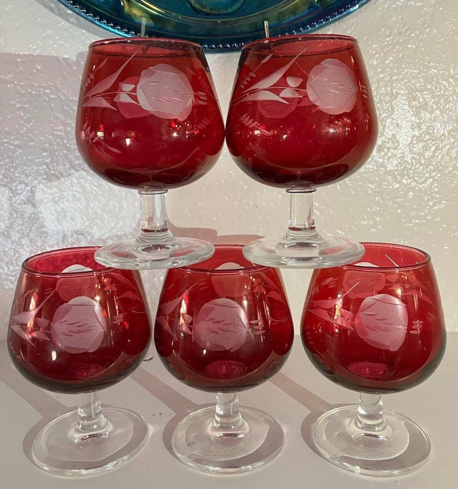 VTG Etched Rose/flower Ruby Cranberry Flash Mini Brandy - Etsy