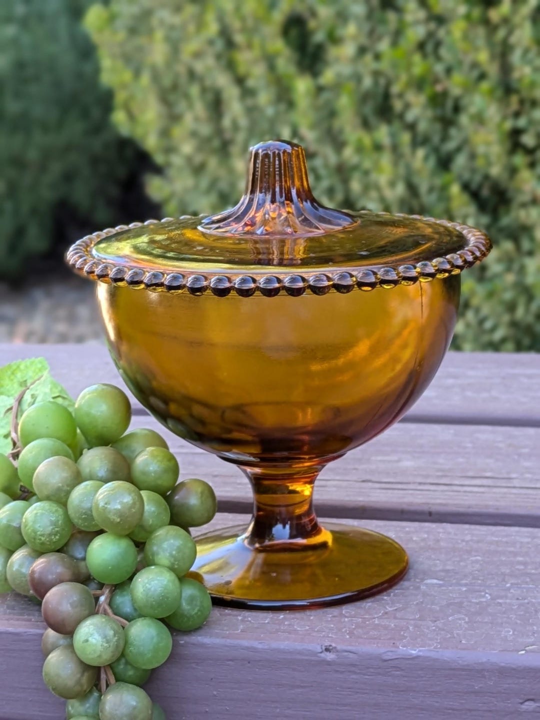 1970S Indiana Glass Amber Beaded Edge Compote Lid Cover Pedestal Candy ...