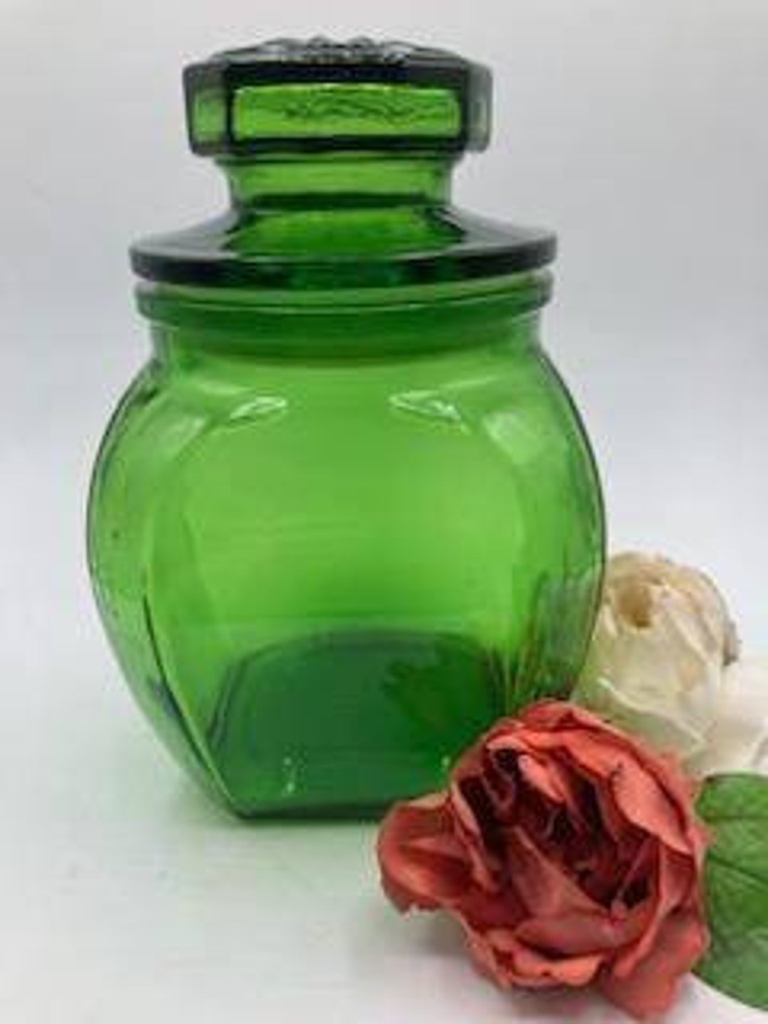 1960 70 Wheaton Glass Co Green Glass Jarcanister Wflower Etsy