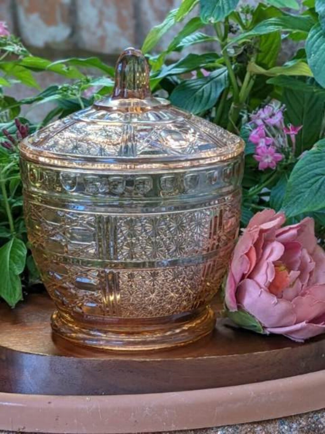 1970S FNDG Indonesia Pink Daisy & Buttons W/cane Design Lidded Glass ...