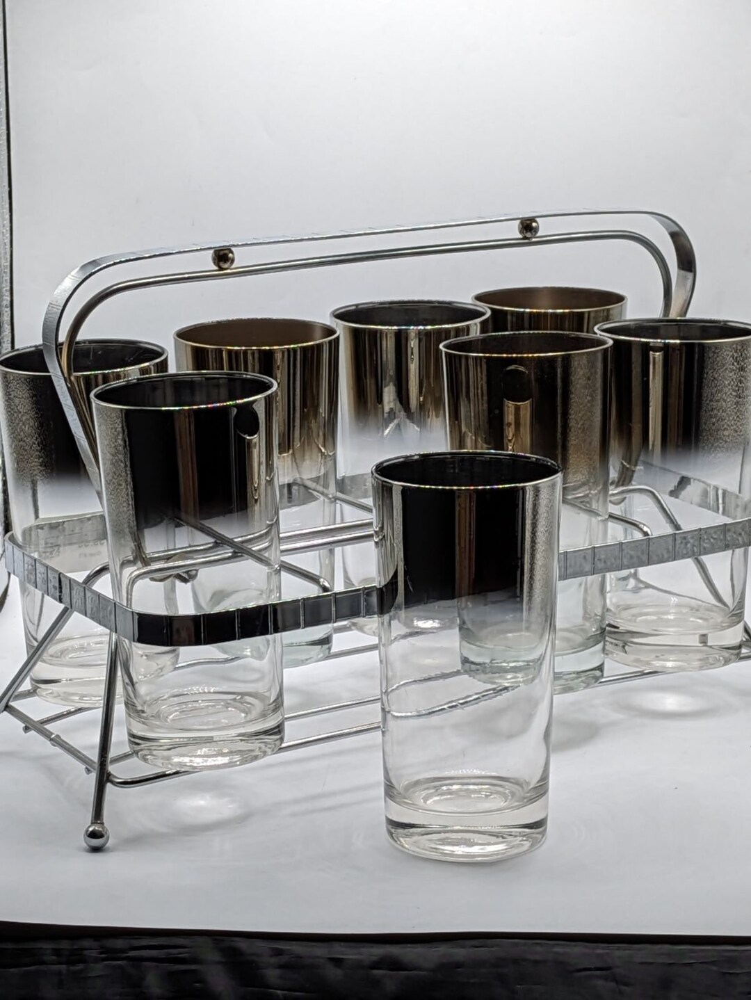 1960S Vitreon Queens Lusterware Silver Fade 8 Glasses W/chrome Caddy ...