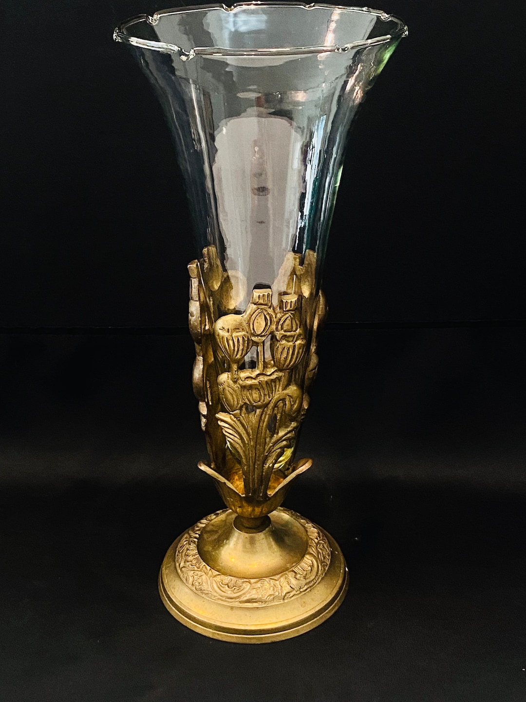 Vintage Solid Brass Victorian Style Vase Floral Pattern With Glass 12 ...