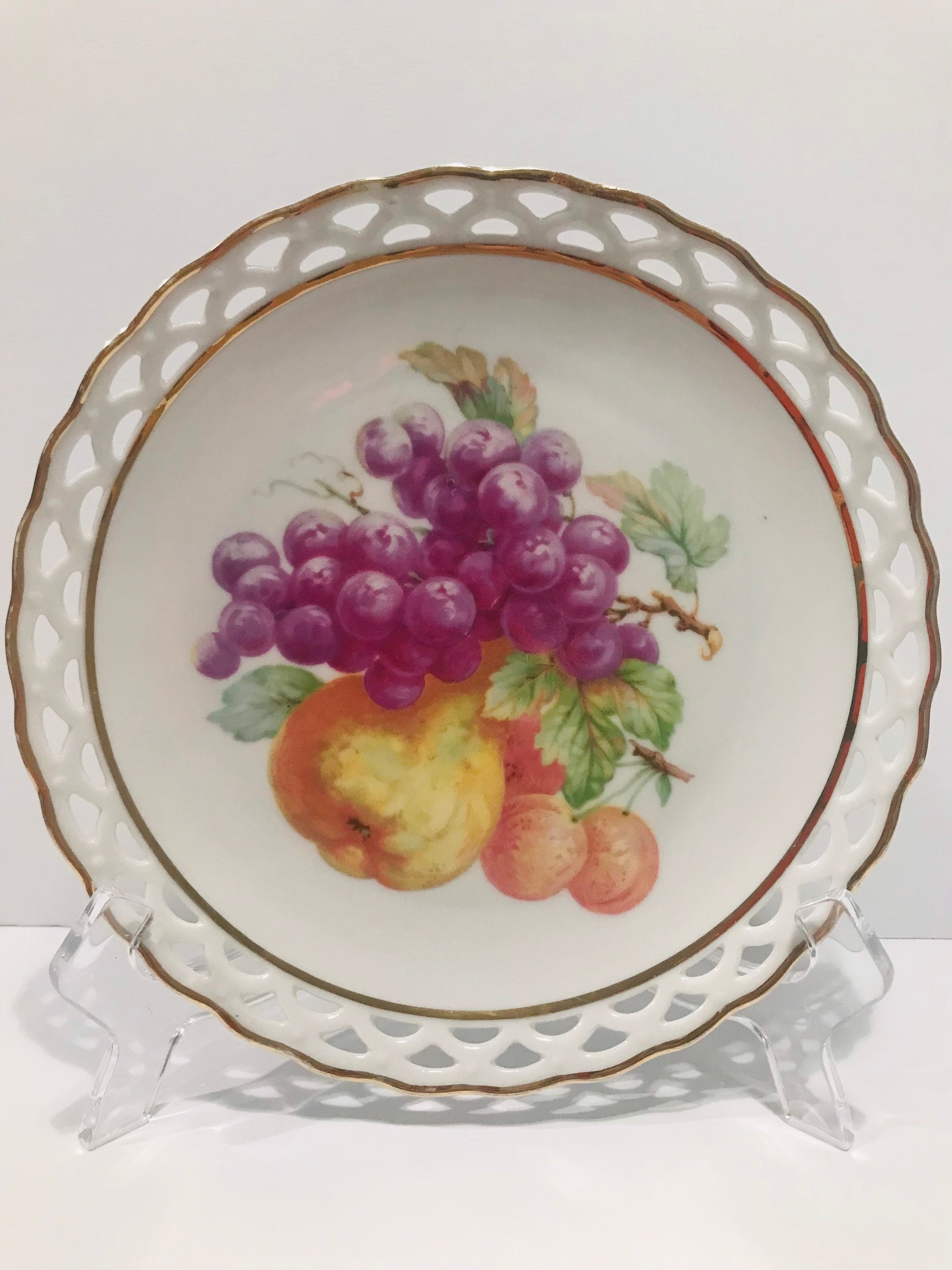 Vintage Bavarian Royal Hanover Fruit Plate Reticulated Rim Gold Trim 7. ...