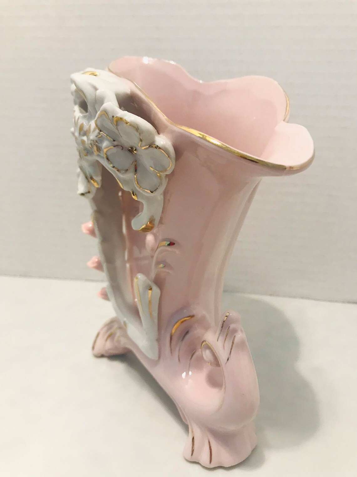 Vintage Pink Ceramic Cornucopia Vase 3D Flowers Gold Trim Japan 6.5 - Etsy