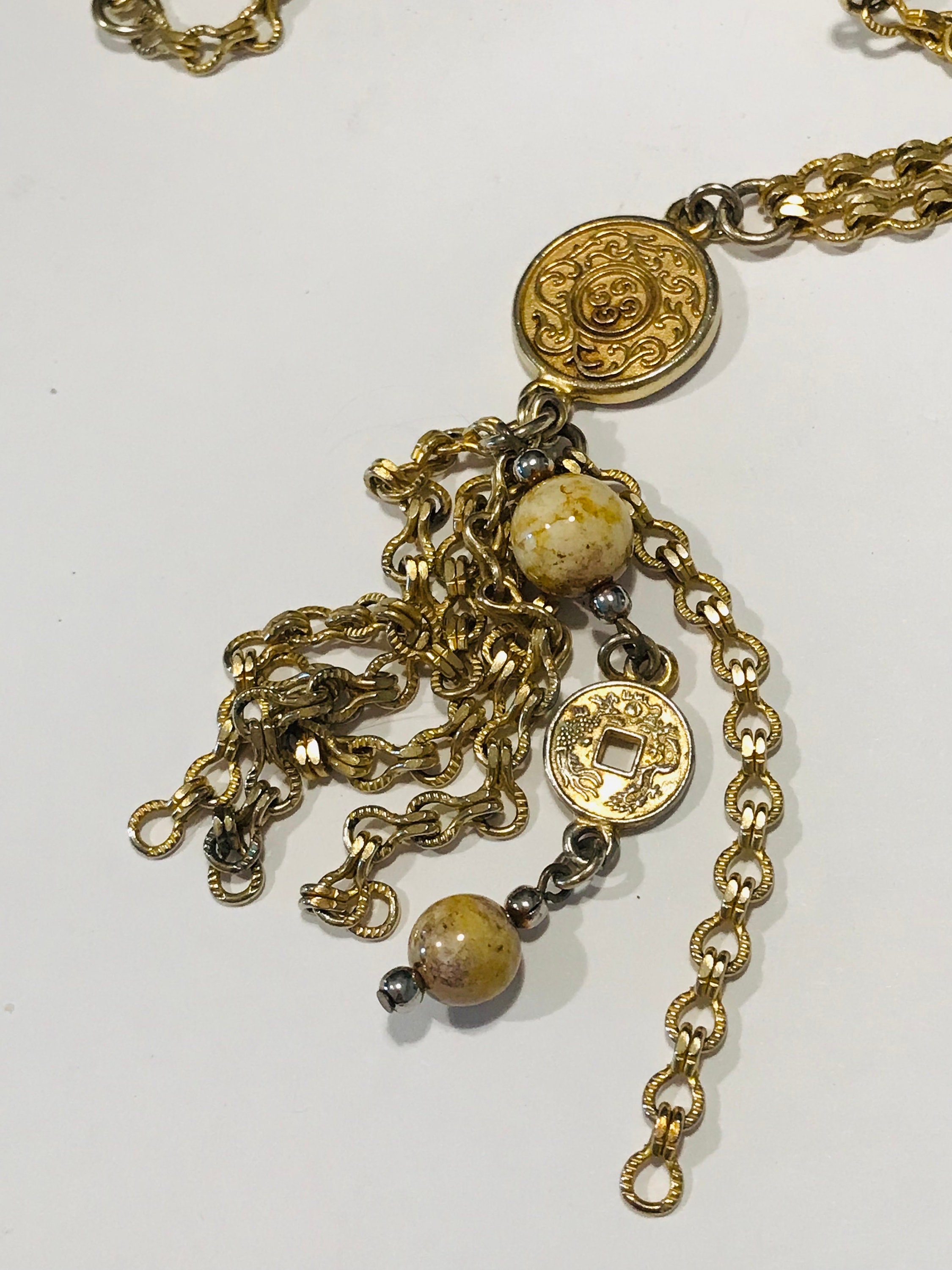 Vintage MYKA Long Gold Tone and Gem Stones Balls Chinese Necklace 36 ...