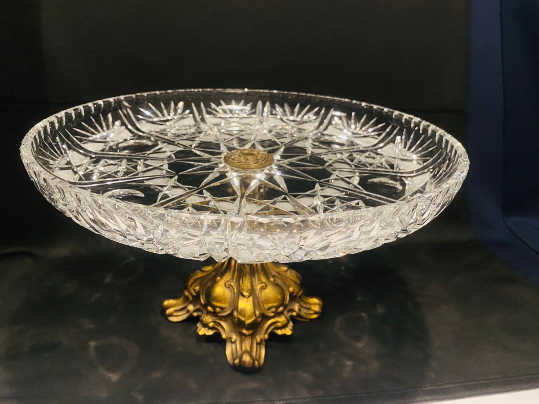 Antique Bulky Brass & Etched Lead Crystal Platter # 8238 Footed 12”- 7 ...