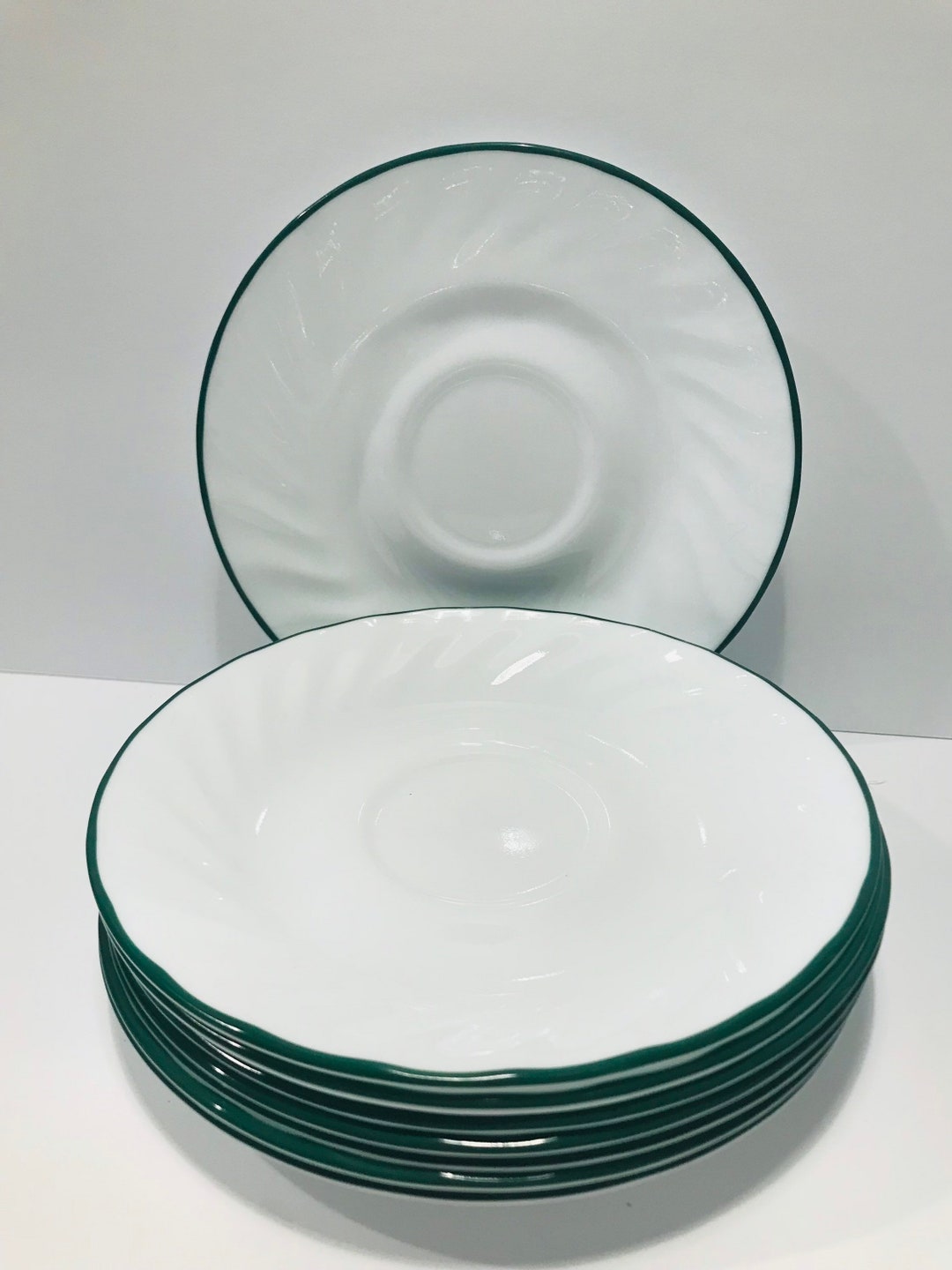 Set of 8 Corelle by Corning White Swirl Green Rim 6” Saucers - Etsy
