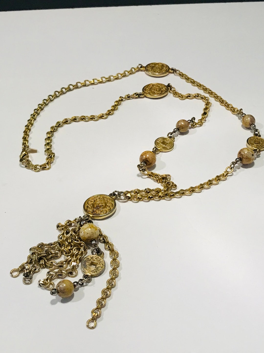 Vintage MYKA Long Gold Tone and Gem Stones Balls Chinese Necklace 36 ...