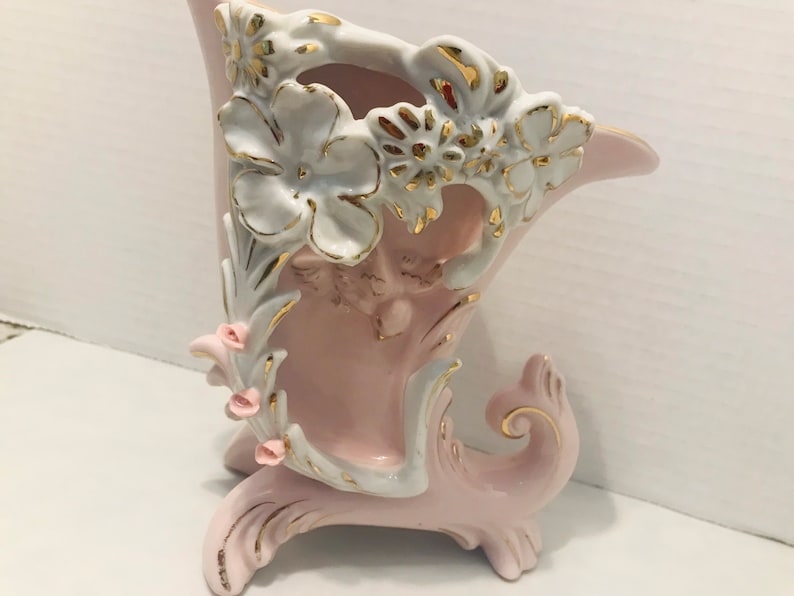 Vintage Pink Ceramic Cornucopia Vase 3D Flowers Gold Trim Japan 6.5 - Etsy
