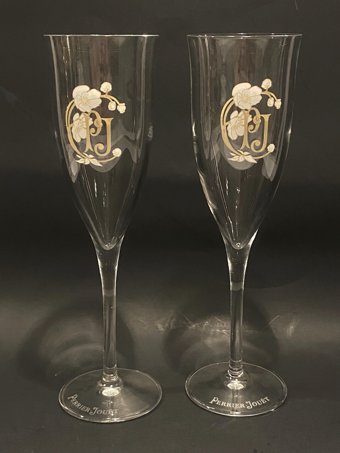Perrier Jouet PJ Logo Set of 2 Champagne Flutes Blown Crystal Made in ...