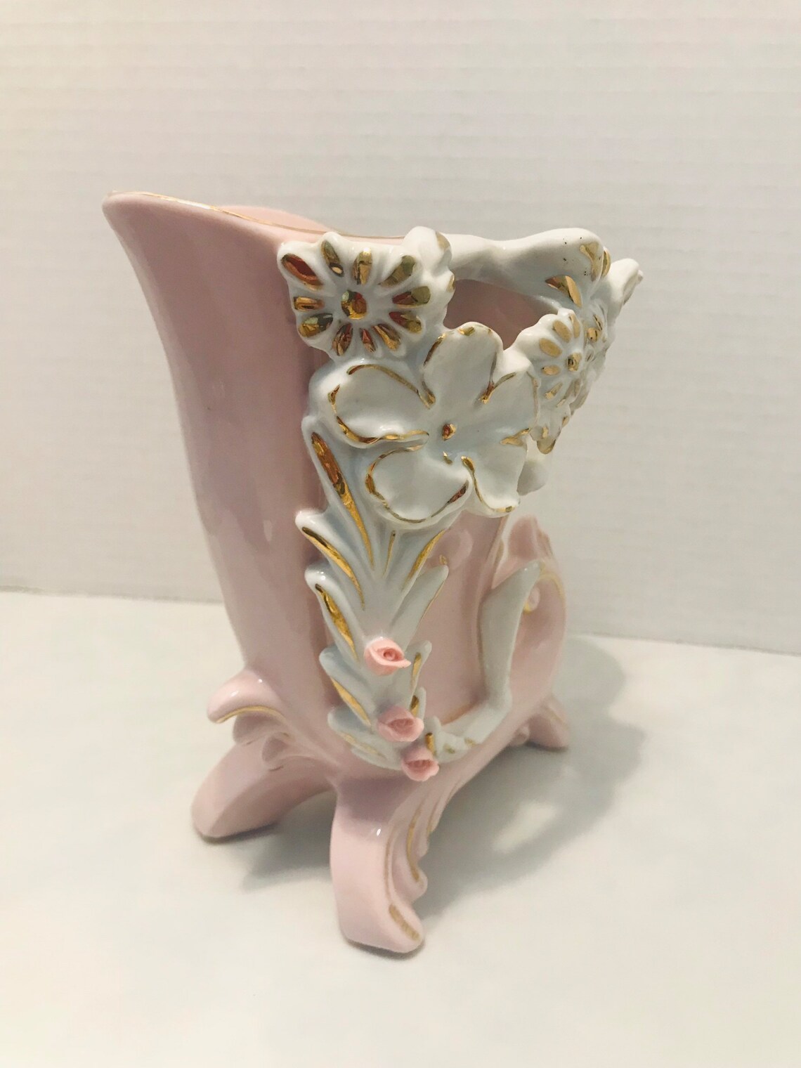 Vintage Pink Ceramic Cornucopia Vase 3D Flowers Gold Trim Japan 6.5 - Etsy
