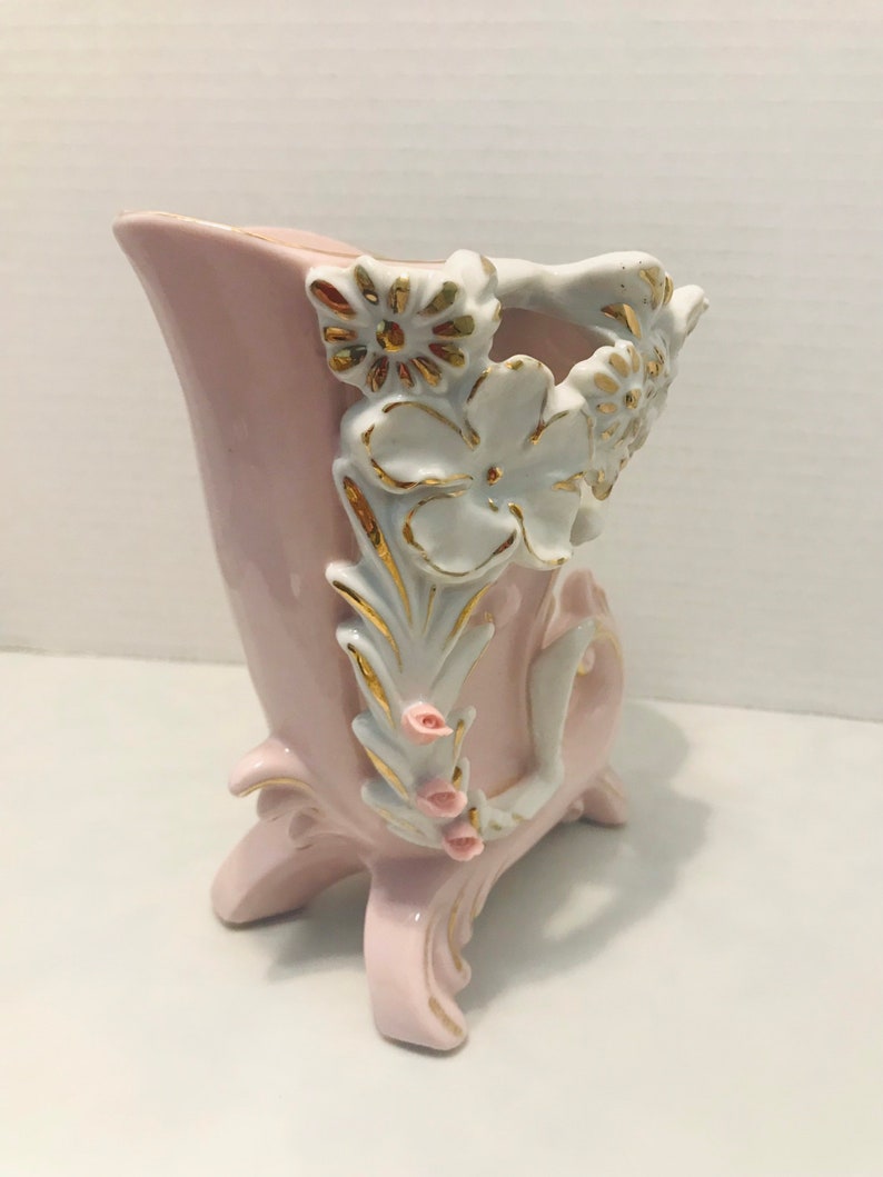 Vintage Pink Ceramic Cornucopia Vase 3D Flowers Gold Trim Japan 6.5 - Etsy