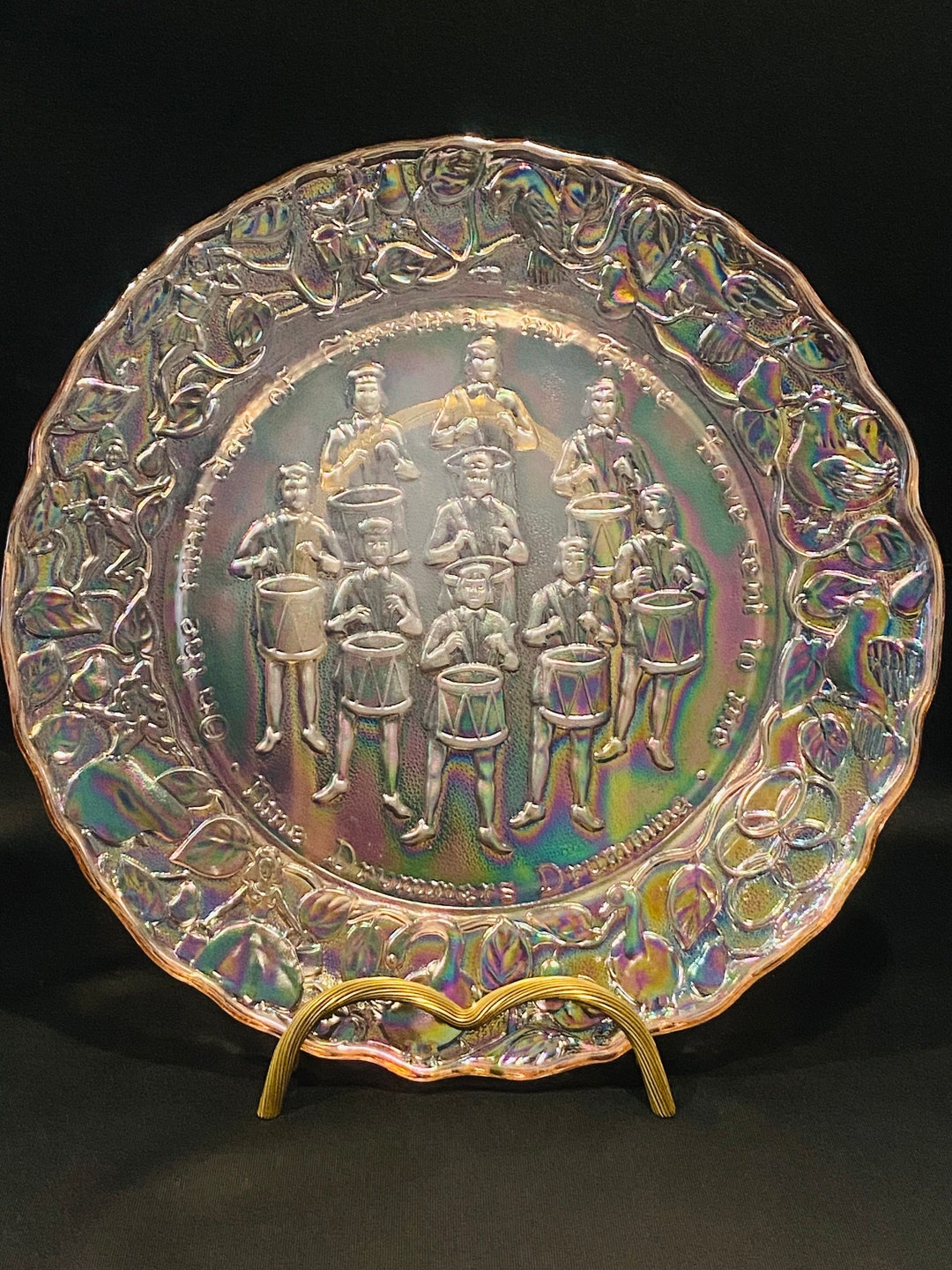 Imperial Glass Iridescent Pink Plate 12 Days of Christmas Nine Drummer ...