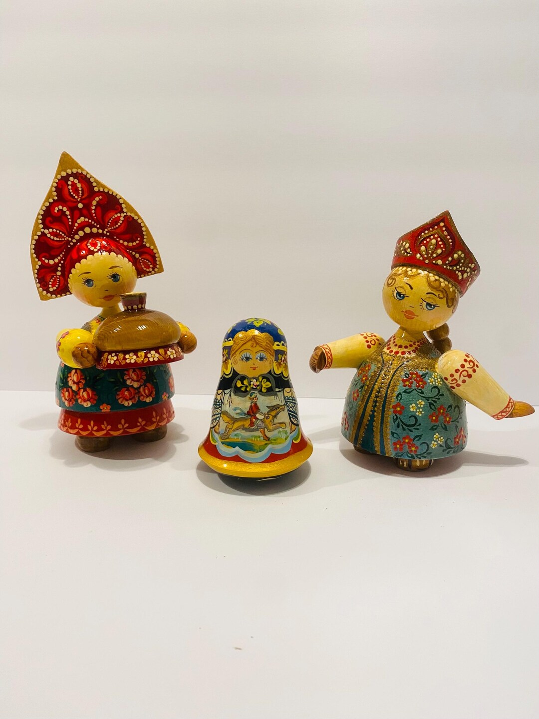 Very Rare Set of 3 Matryoshka Style Hand Painted Linden Wood Girls 6.5 ...