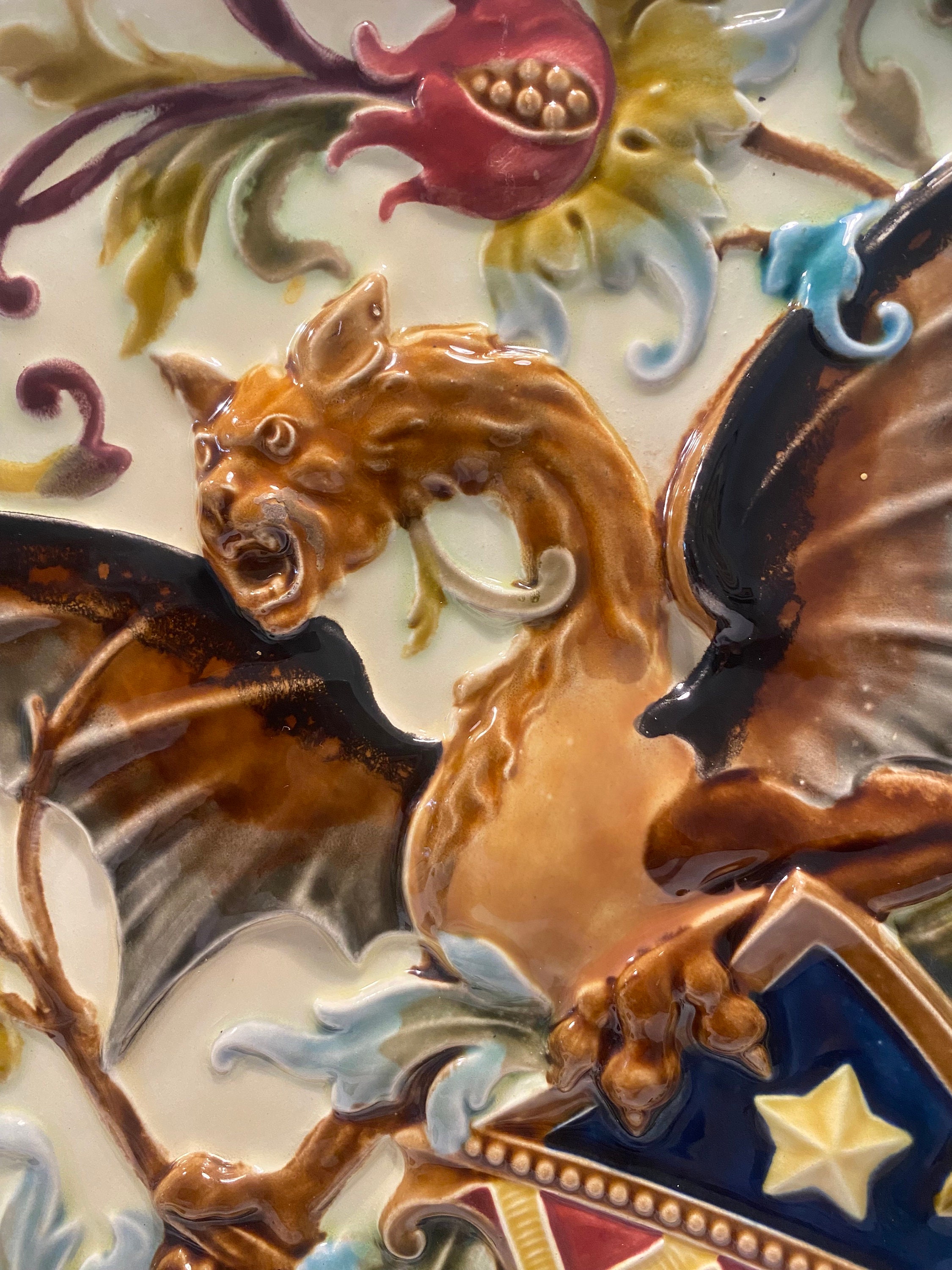 Antique Flying Dragon Rudolf Ditmar Zaim Majolica Wall Plaque 14.5 Very ...
