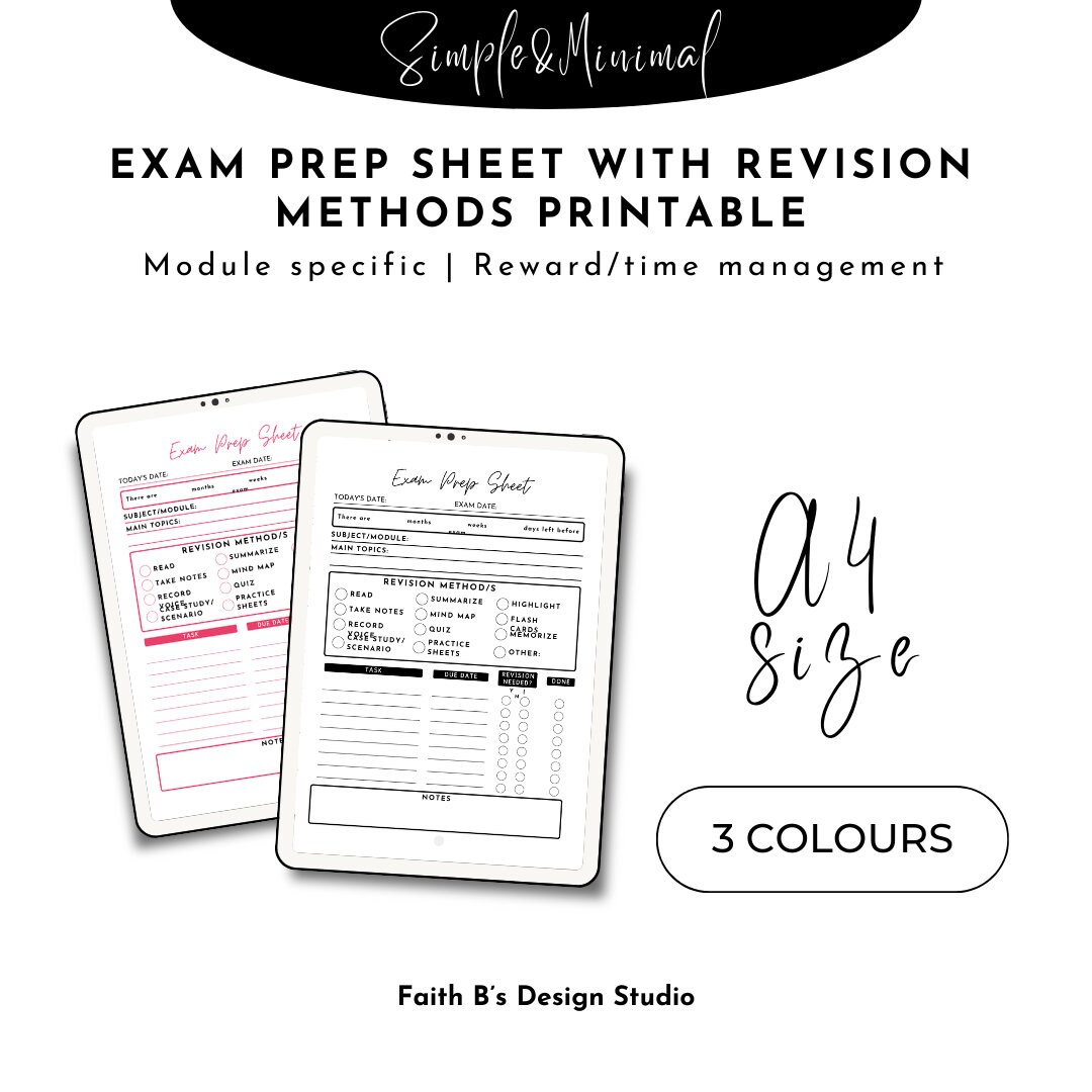A4 Exam Prep Sheet With Suggested Revision Methods, 3 Colour Versions ...