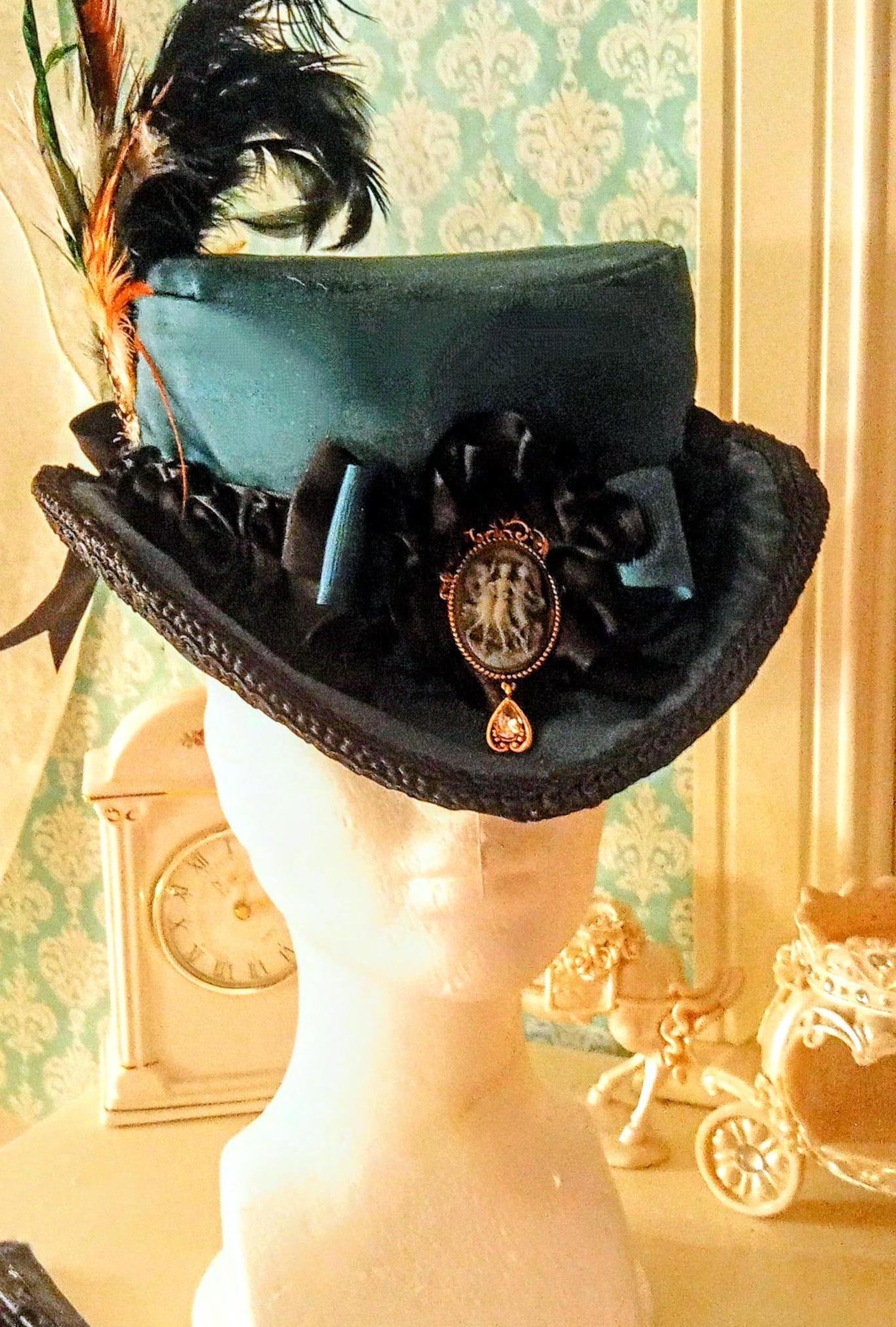 Belle Epoque Green Satin Top Hat: Feather Pad, Cameo Brooch - Etsy