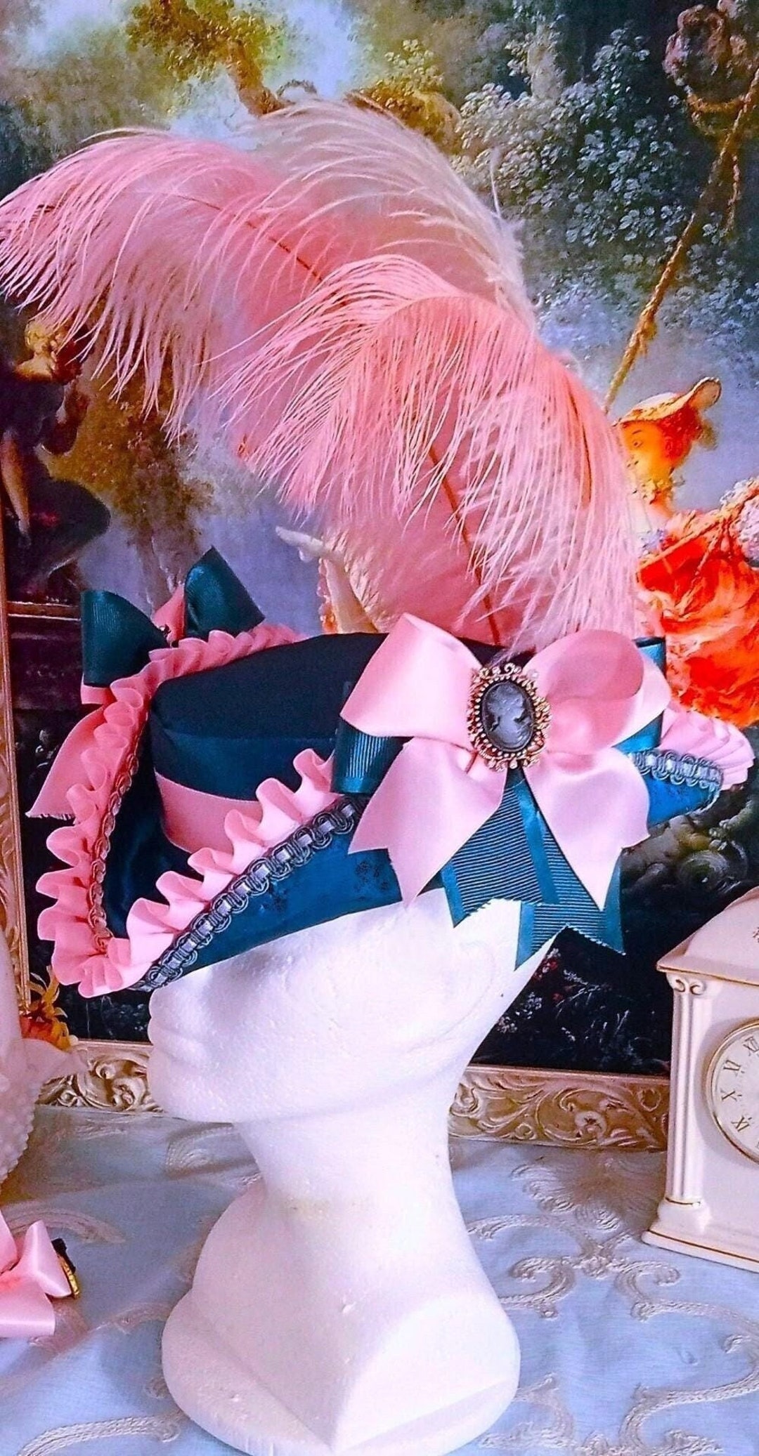 Teal Rococo Tricorn Hat: Marie Antoinette Style With Cameo & Pink ...