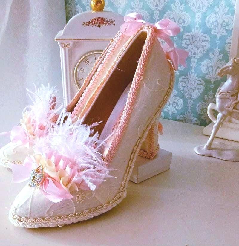 Rococo Marie Antoinette Pumps: Ivory Lace, Pink Ribbon, Ostrich Feather ...