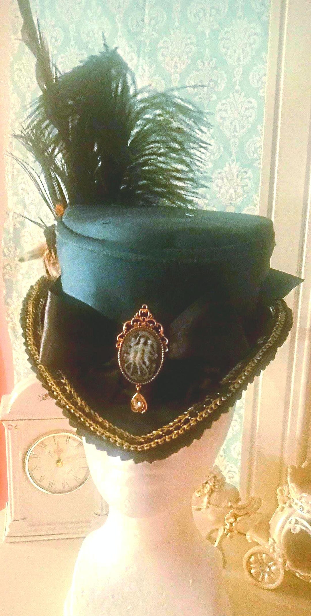 Belle Epoque Green Satin Top Hat: Feather Pad, Cameo Brooch - Etsy