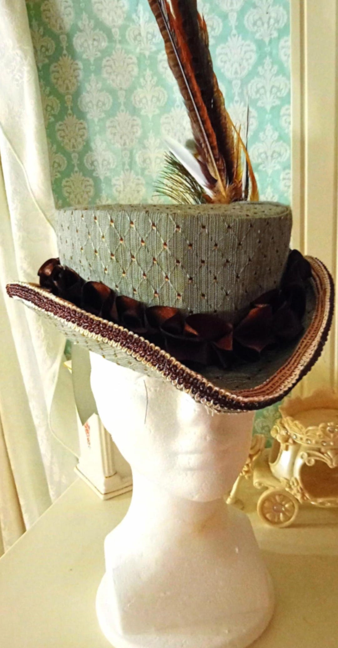 Victorian Style Hunting Hat: Sage Cotton Twill With Pheasant Feather - Etsy
