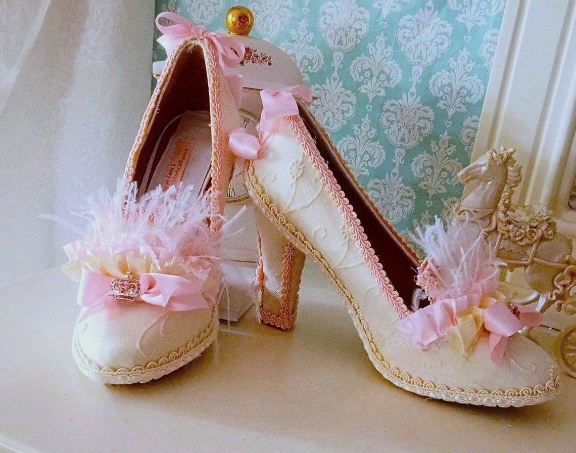 Rococo Marie Antoinette Pumps: Ivory Lace, Pink Ribbon, Ostrich Feather ...