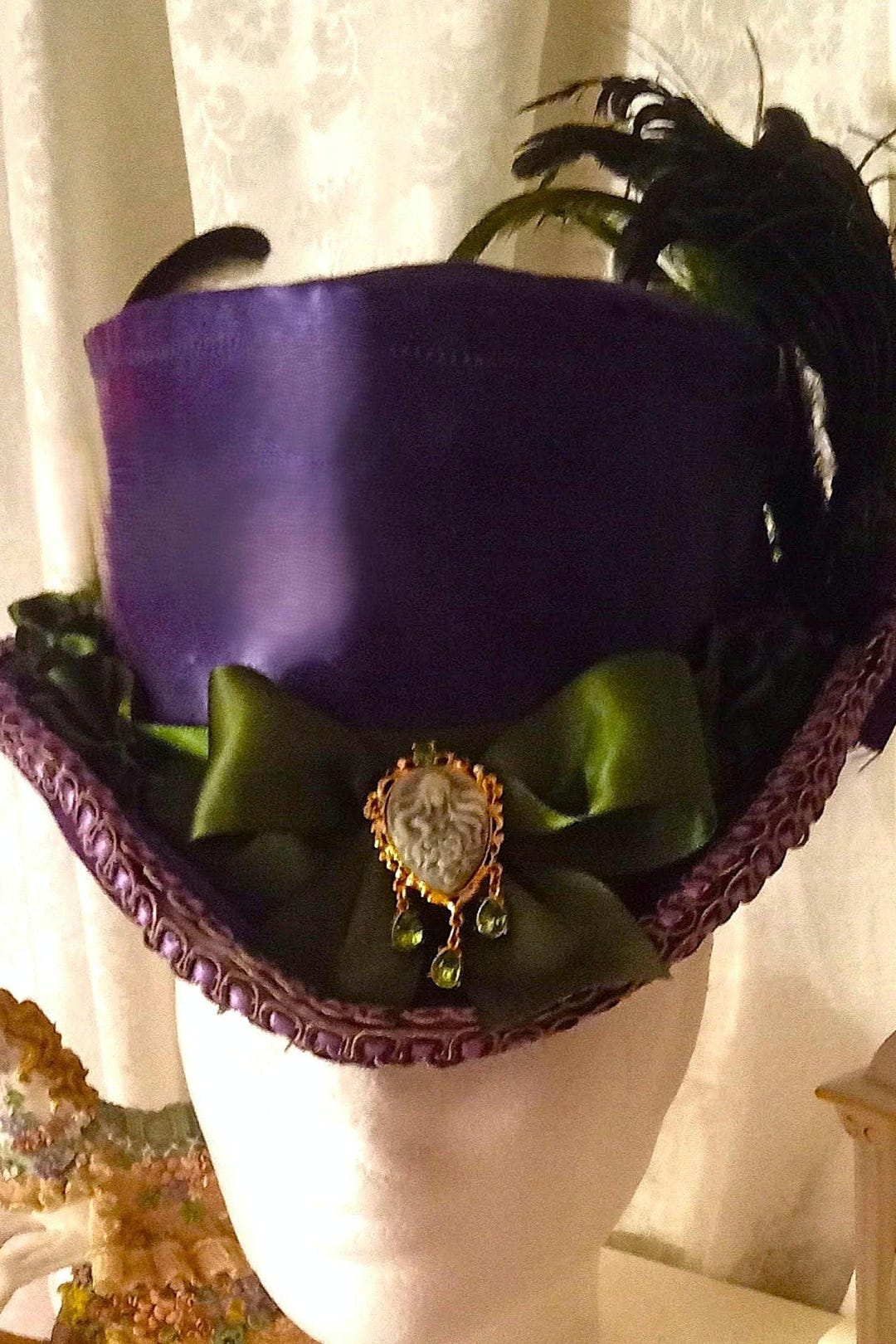 Victorian/ Steampunk Style Ladies Top Hat in Purple Satin W/ Green ...