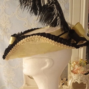 Marie Antoinette/ Rococo /late Baroque Style Ladies Tricorn Hat in Buttercream Satin W/ Black ...